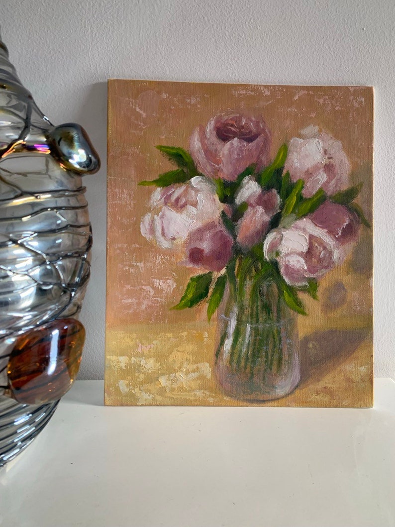 Pink Roses Original Oil Painting Bouquet Flowers Oil Art Poppy Flowers ...