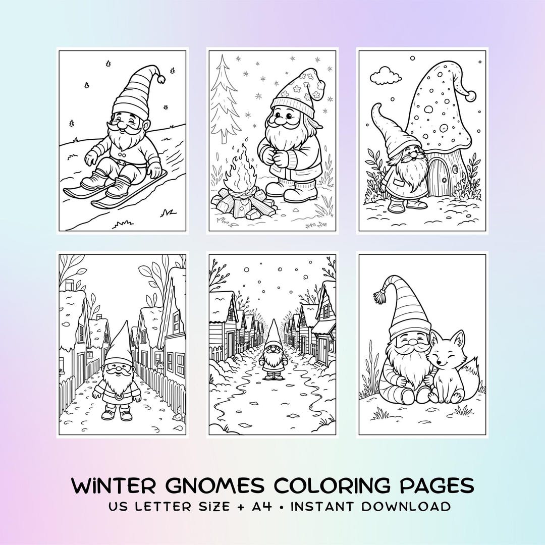 Winter Gnome Coloring Pages, Cozy Gnome Printable, 6 Pages Coloring PDF ...