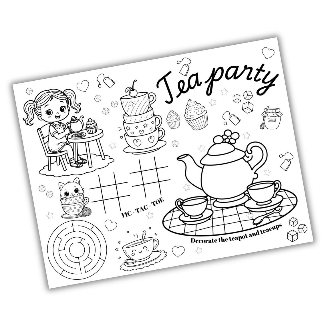 Tea Party Coloring Placemat for Kids, Printable Birthday Activity Sheet ...