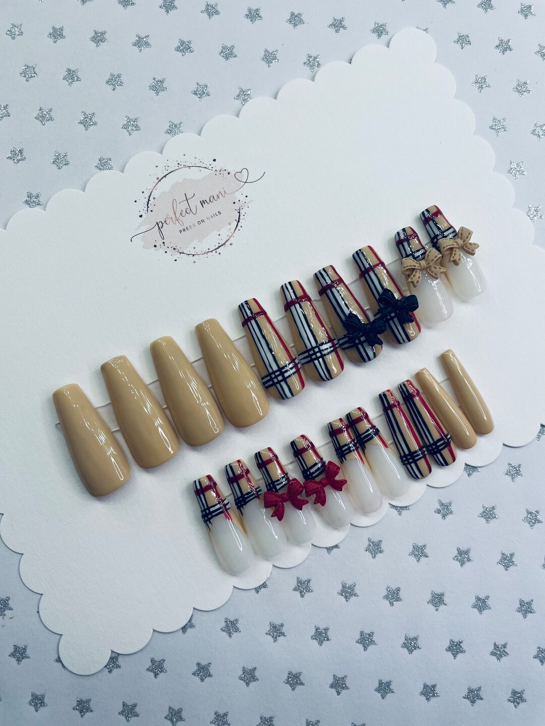Handmade Nude Plaid Salon Quality Press on Nails /long Coffin / 20 ...