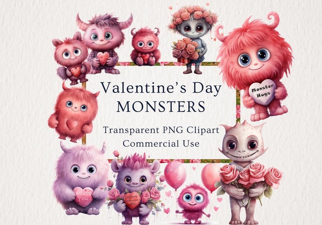 Cute Valentine's Day Monsters Watercolour Clipart Bundle, 12 PNG 300dpi ...