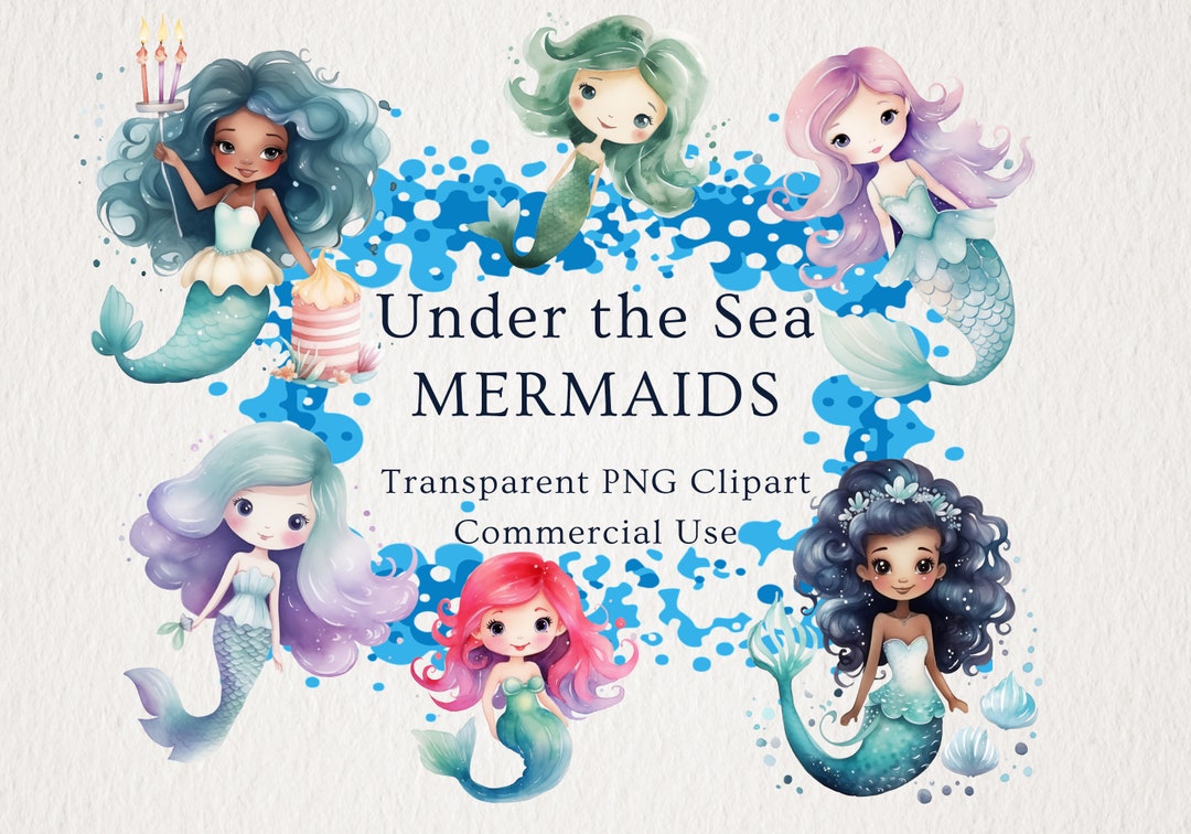Under the Sea Cute Mermaid Clipart Bundle, 15 PNG 300dpi, Instant ...