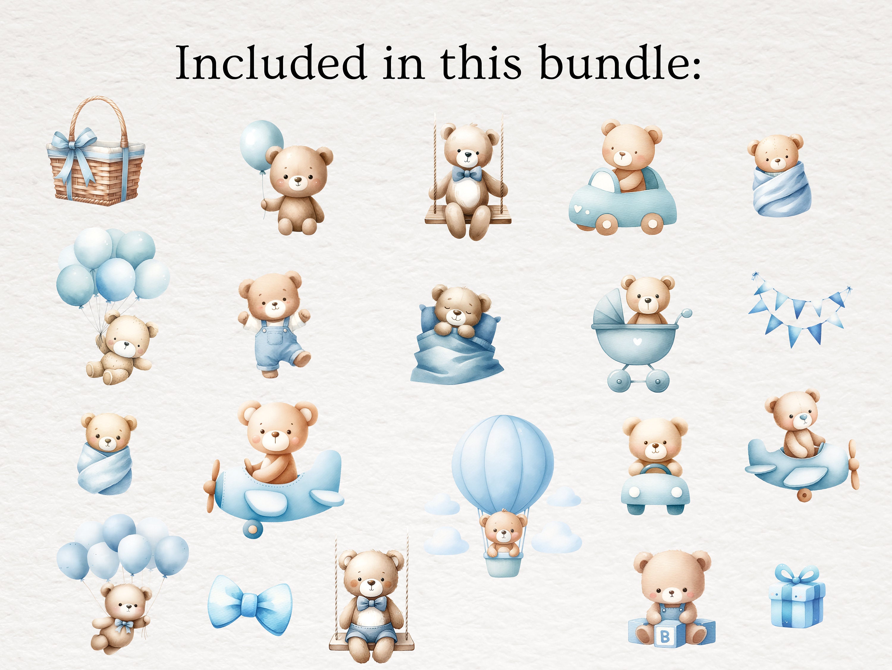 Cute Teddy Bear Watercolour Cliparts, Baby Shower for a Boy, 20 ...