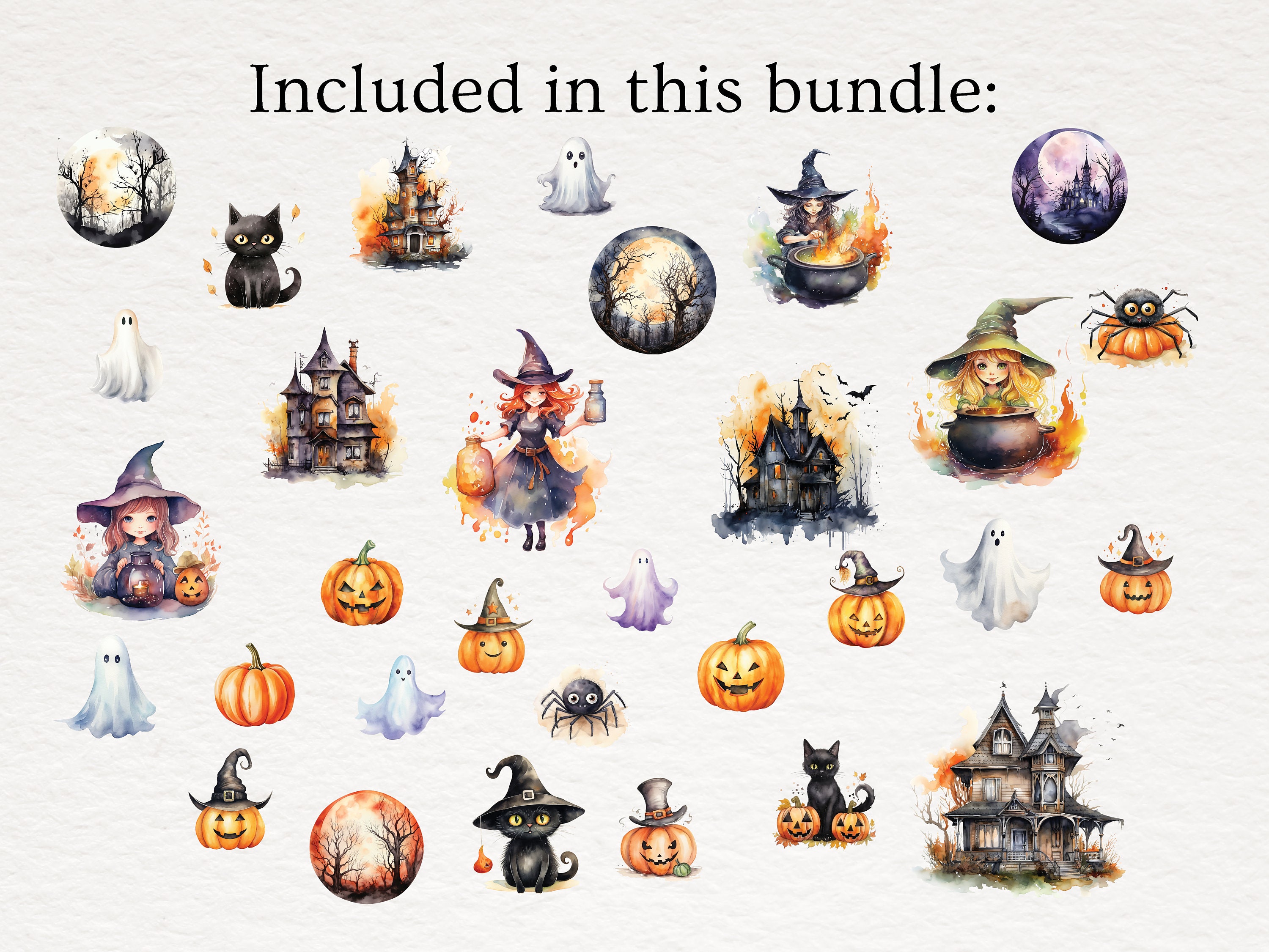 Watercolour Halloween Clipart, 32 PNG Graphics 300dpi, Instant Download ...