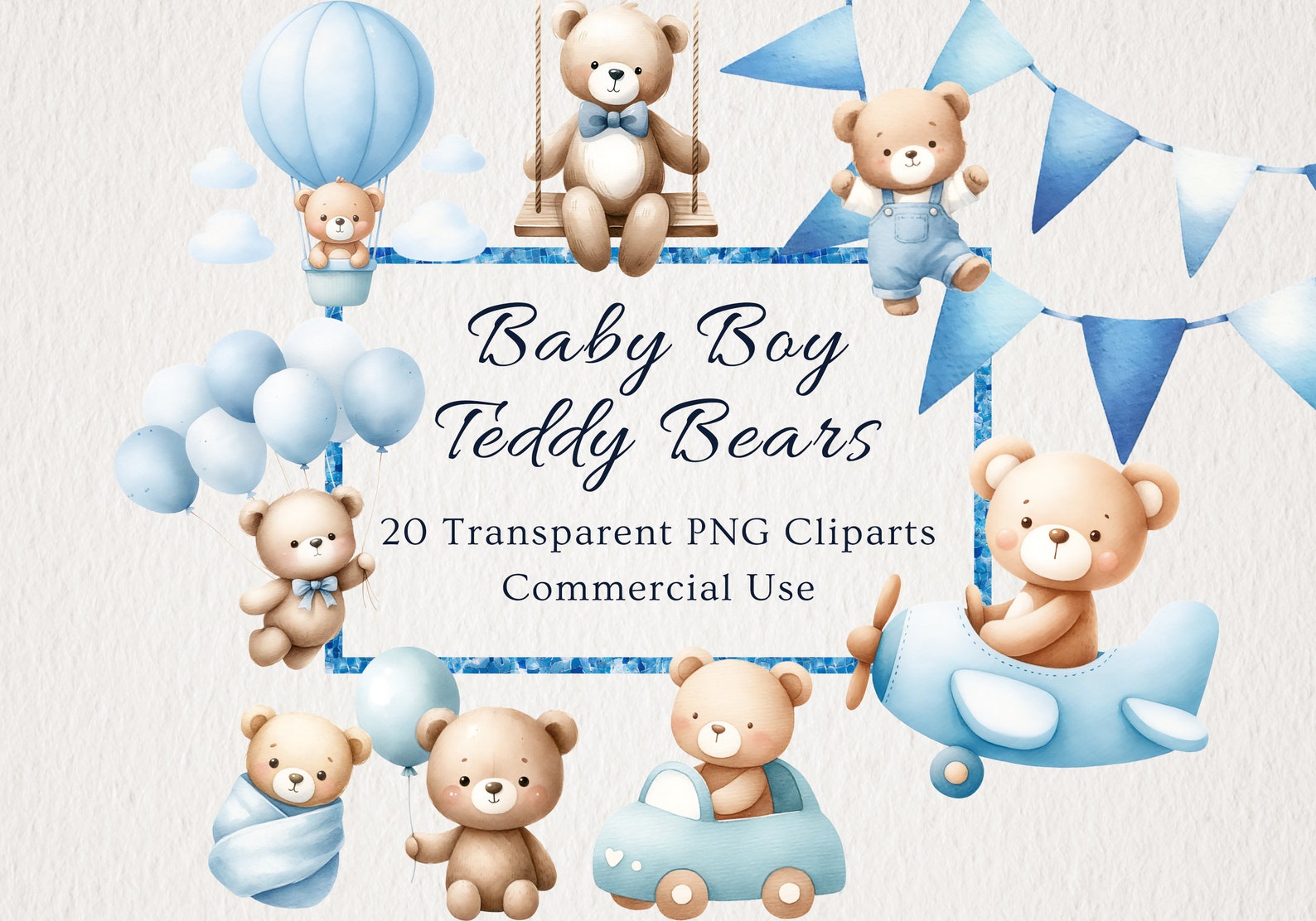 Cute Teddy Bear Watercolour Cliparts, Baby Shower for a Boy, 20 ...
