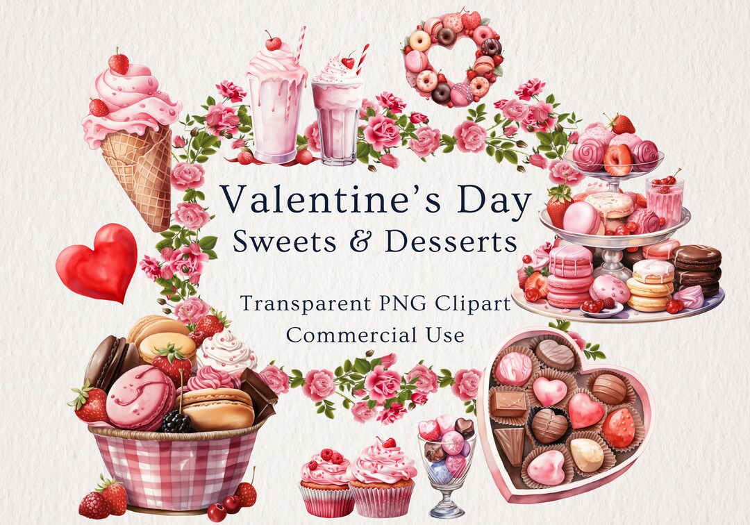 Valentine's Day Sweets & Desserts Watercolour Clipart Bundle, 30 PNG ...