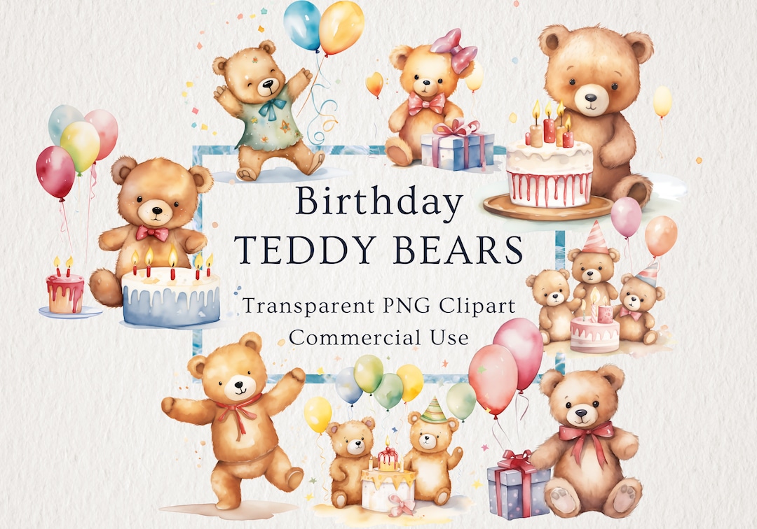 Cute Birthday Teddy Bear Collection Watercolour Cliparts, 15 ...