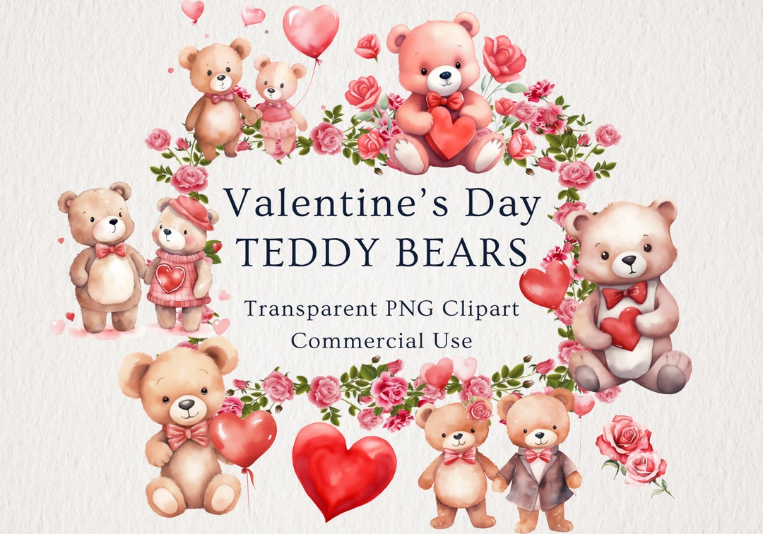 Cute Valentine's Day Teddy Bear Collection Watercolour Cliparts, 20 ...