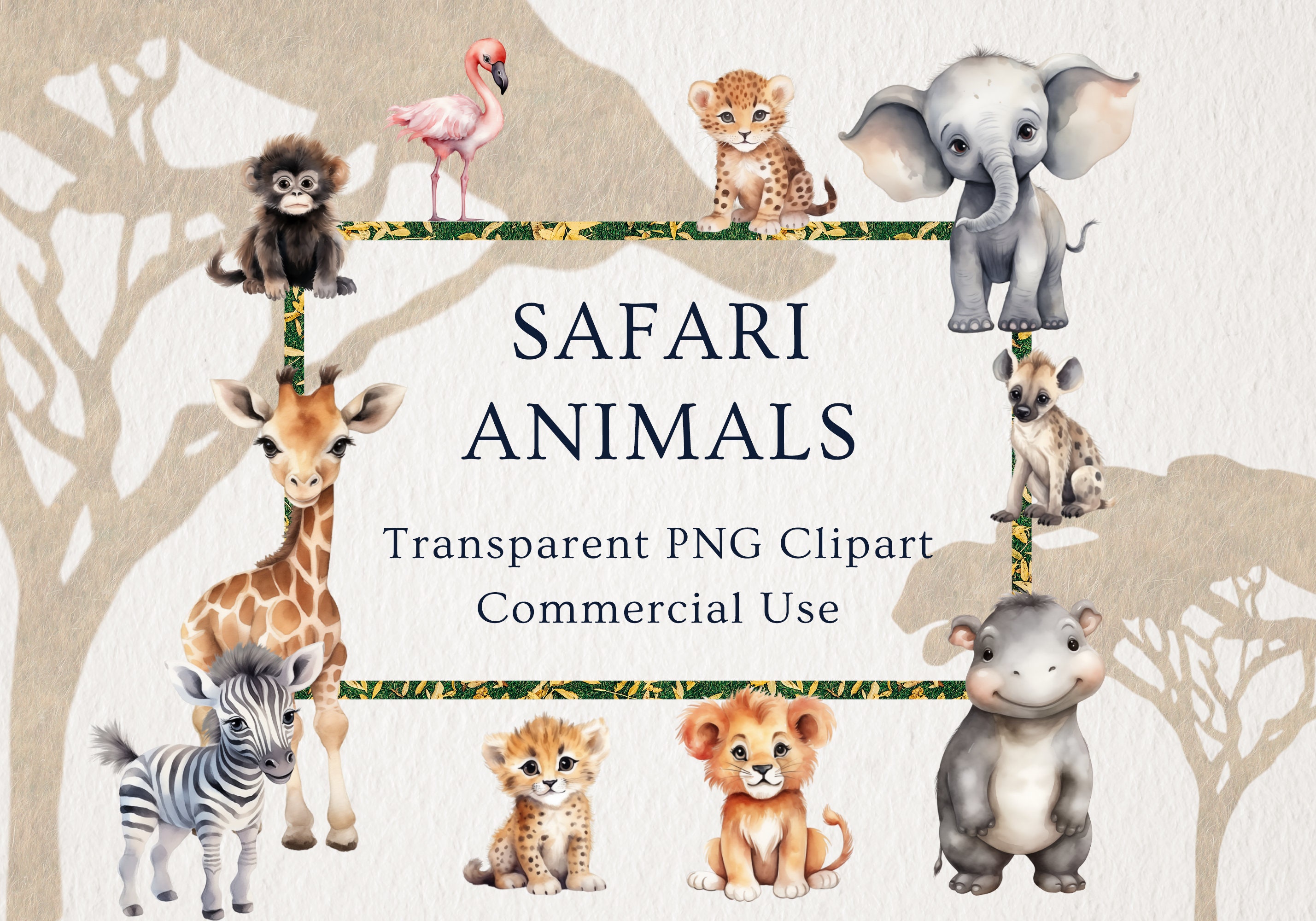 Baby Safari Animals Clipart, Watercolour, Clipart for Commercial Use ...