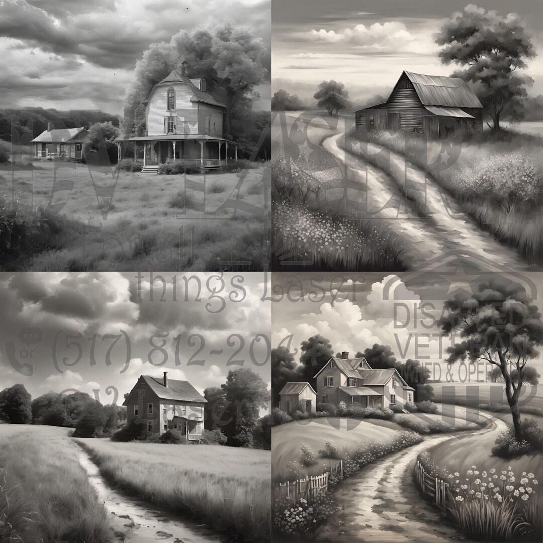 Country Farmhouse - Grayscale Image - Print or Engrave - Etsy