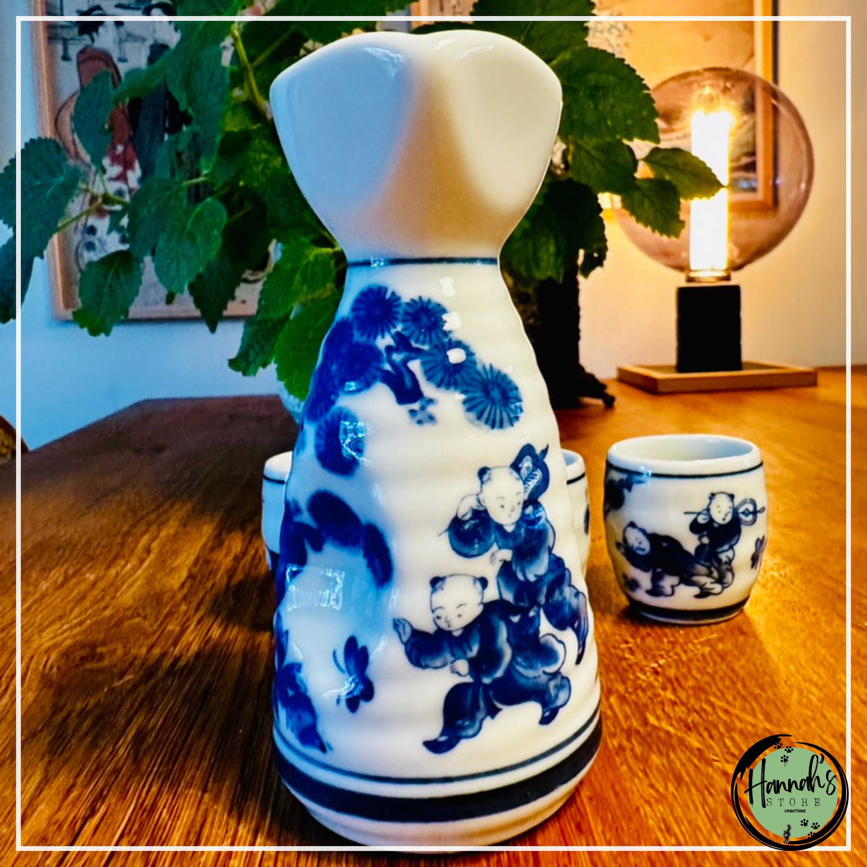 Elegant Vintage Japanese Porcelain Sakura Tree Sake Set With Cups Blue ...