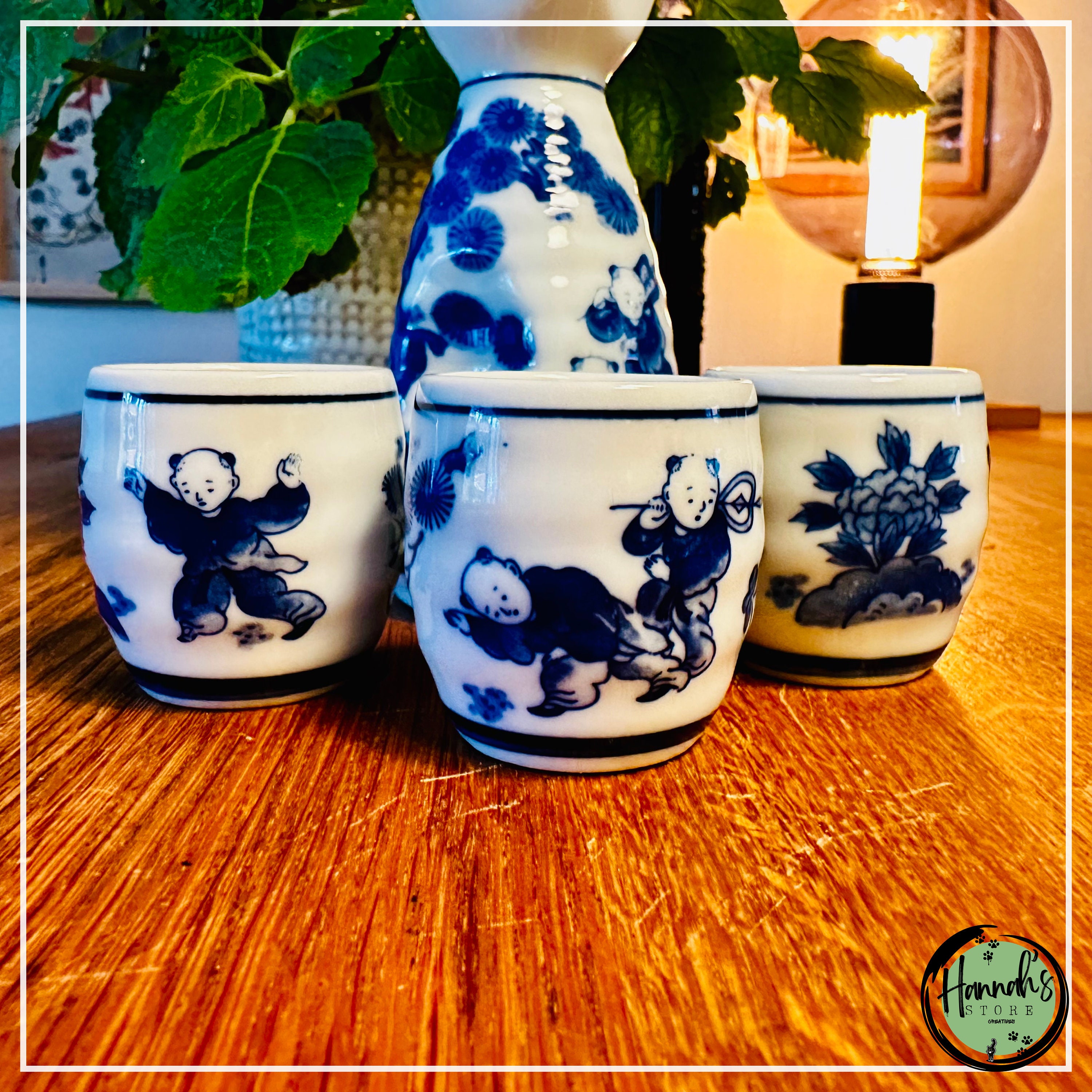 Elegant Vintage Japanese Porcelain Sakura Tree Sake Set With Cups Blue ...