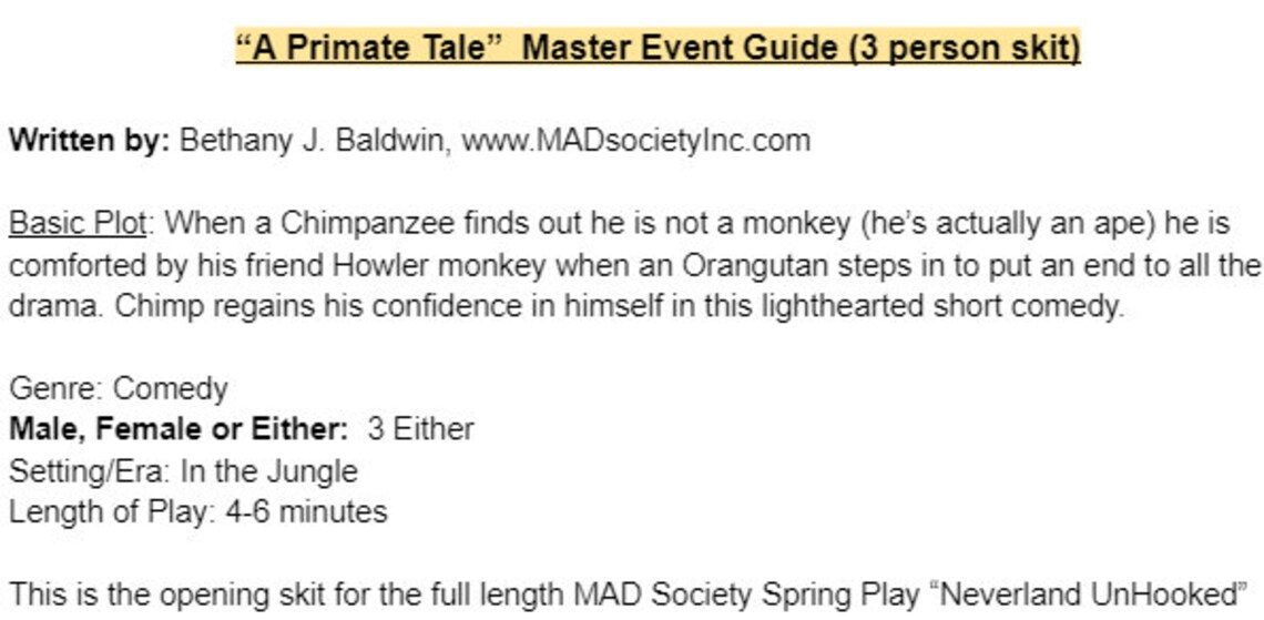Skit Script - A Primate Tale - Etsy