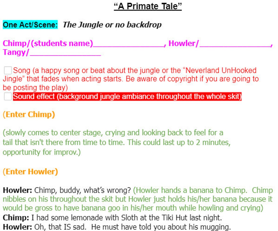 Skit Script - A Primate Tale - Etsy