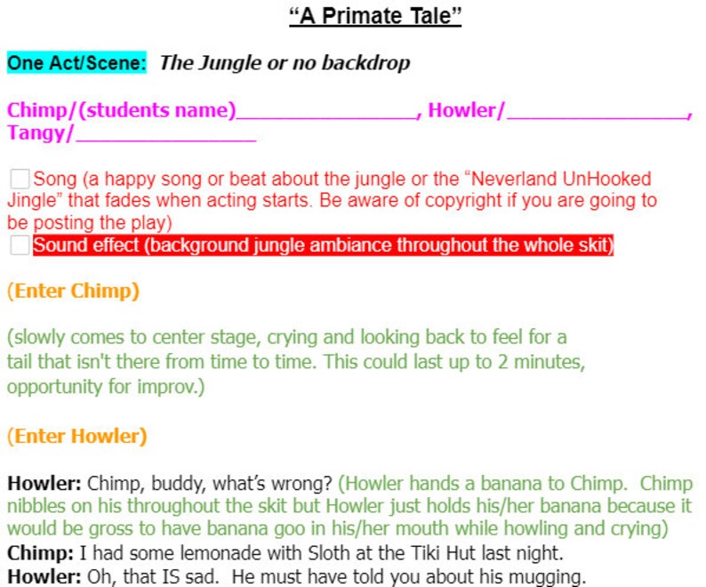 Skit Script A Primate Tale - Etsy