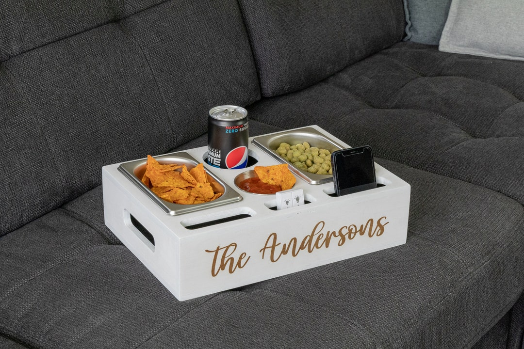 Personalized Couch Caddy: Wooden Sofa Butler With Snack Bowls - Etsy