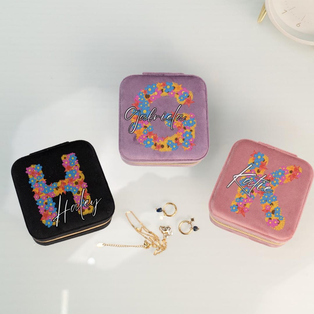 Personalized Jewelry Boxes, Floral Letter Velvet Jewelry Box ...