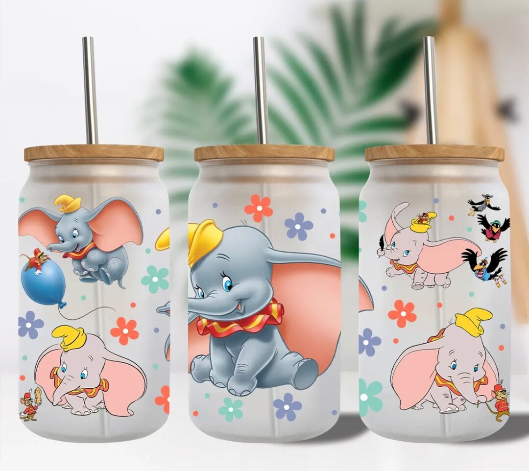 Dumbo elephant, Balloon 20oz Glass Can With Bamboo Lid and Glass Straw ...