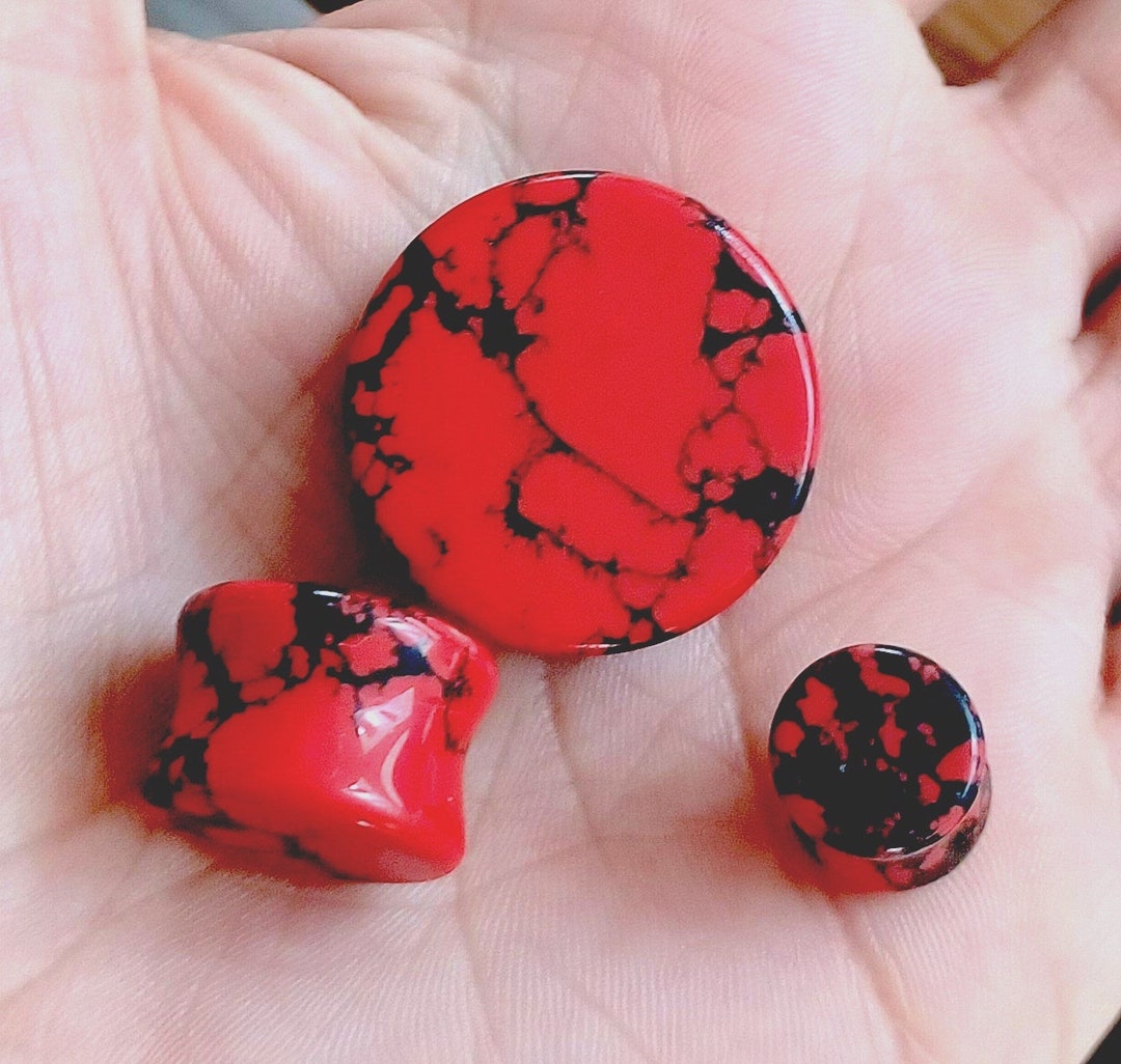 Stone Ear Plug Red and Black Turquoise Double Flare Ear Plug Flesh ...