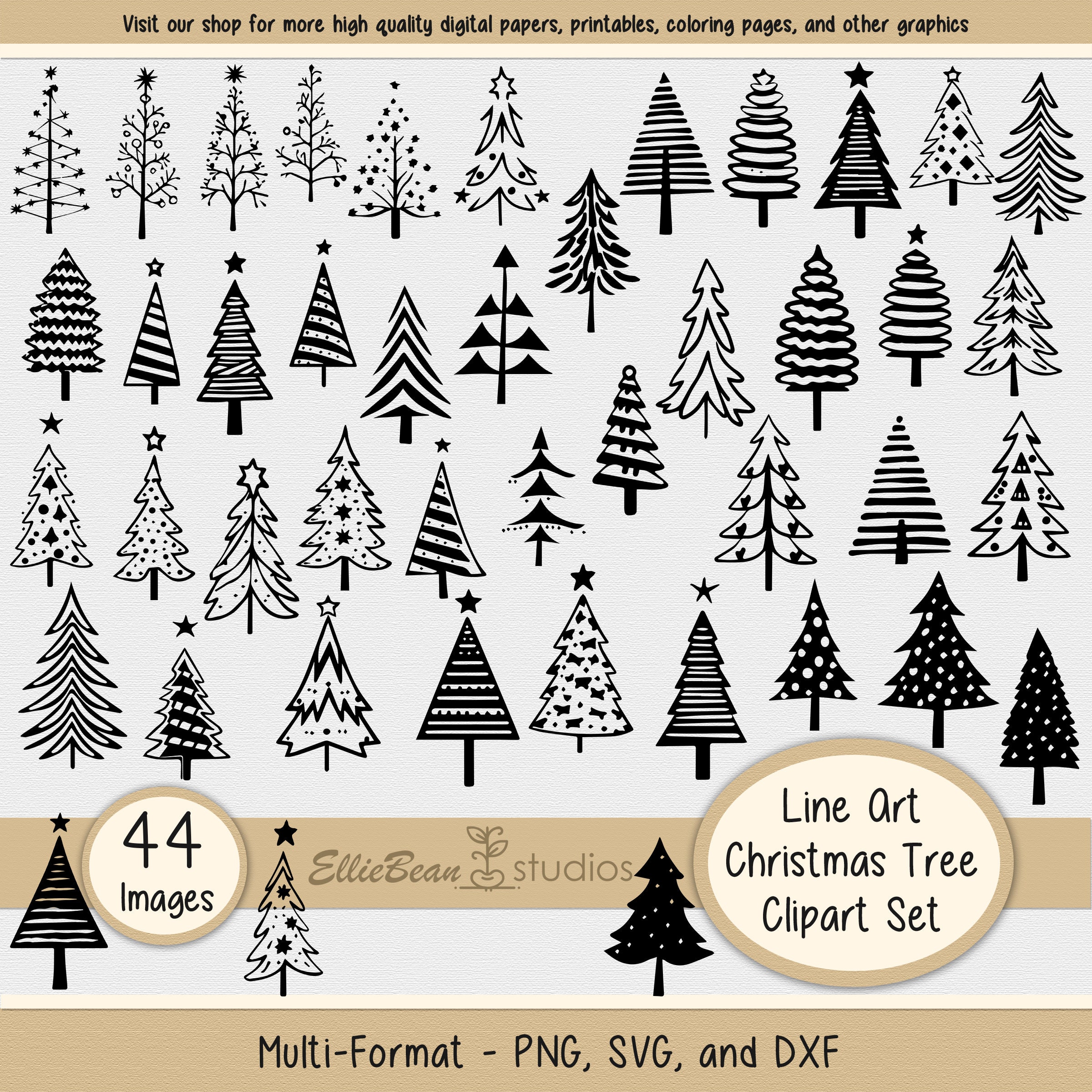 Line Art Christmas Pine Tree Clipart 44 Unique Christmas Trees in 3 ...