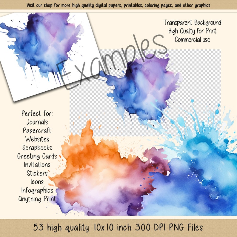 Watercolor Splashes, Splatters, Textures, Blobs, and Shapes Clip Art ...