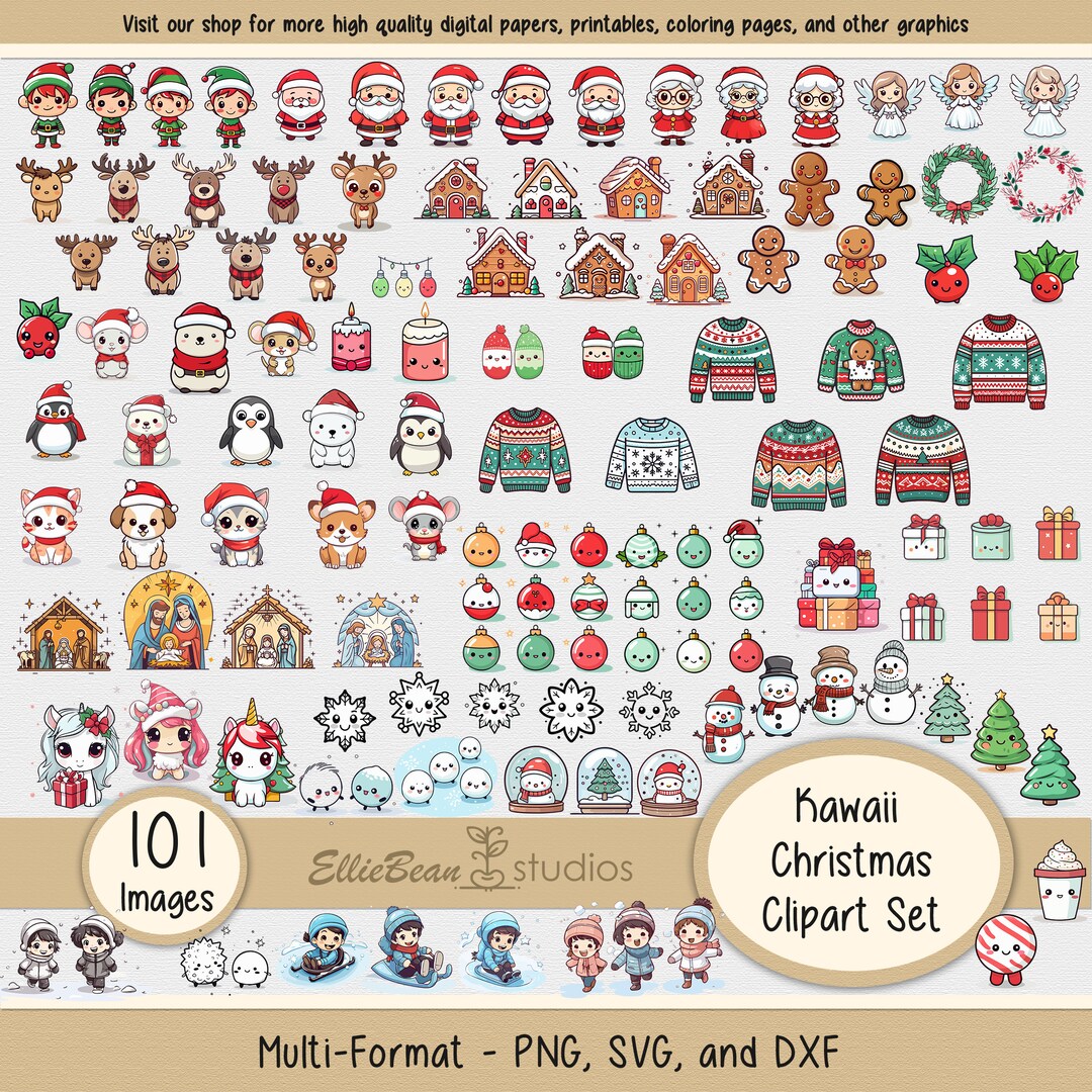 Kawaii Christmas Clip Art format Bundle PNG, SVG, DXF - Etsy