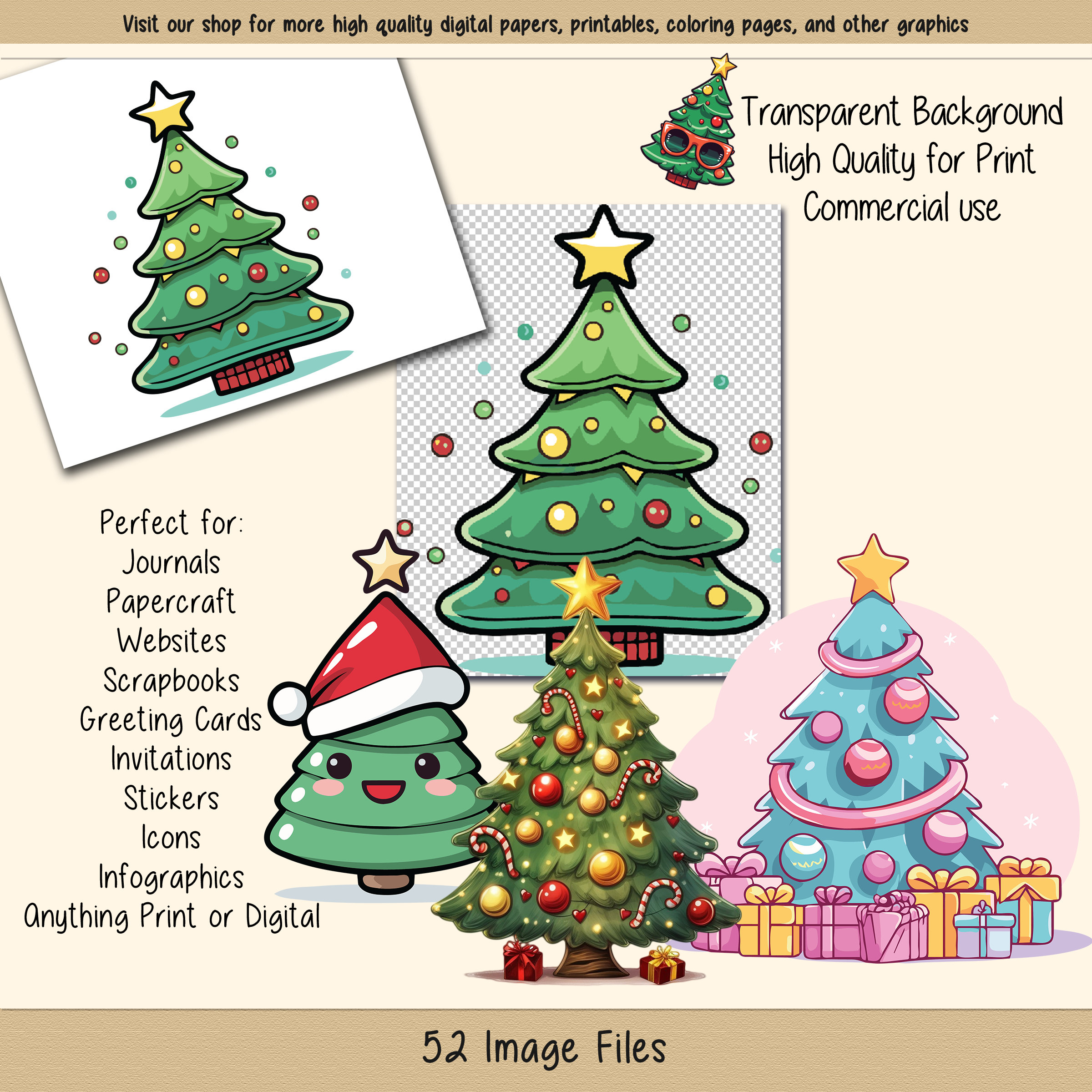 Kawaii Christmas Tree Clip Art format Bundle PNG, SVG, DXF - Etsy