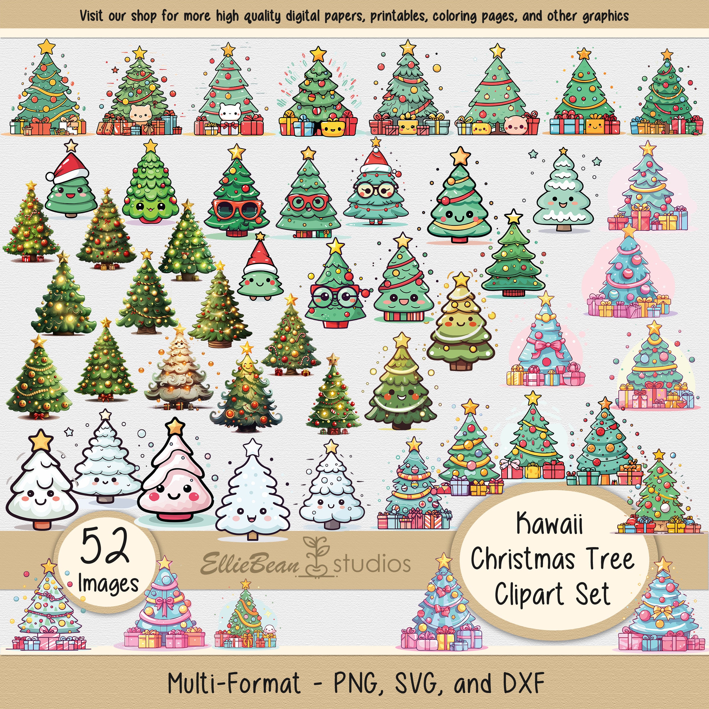 Kawaii Christmas Tree Clip Art format Bundle PNG, SVG, DXF - Etsy