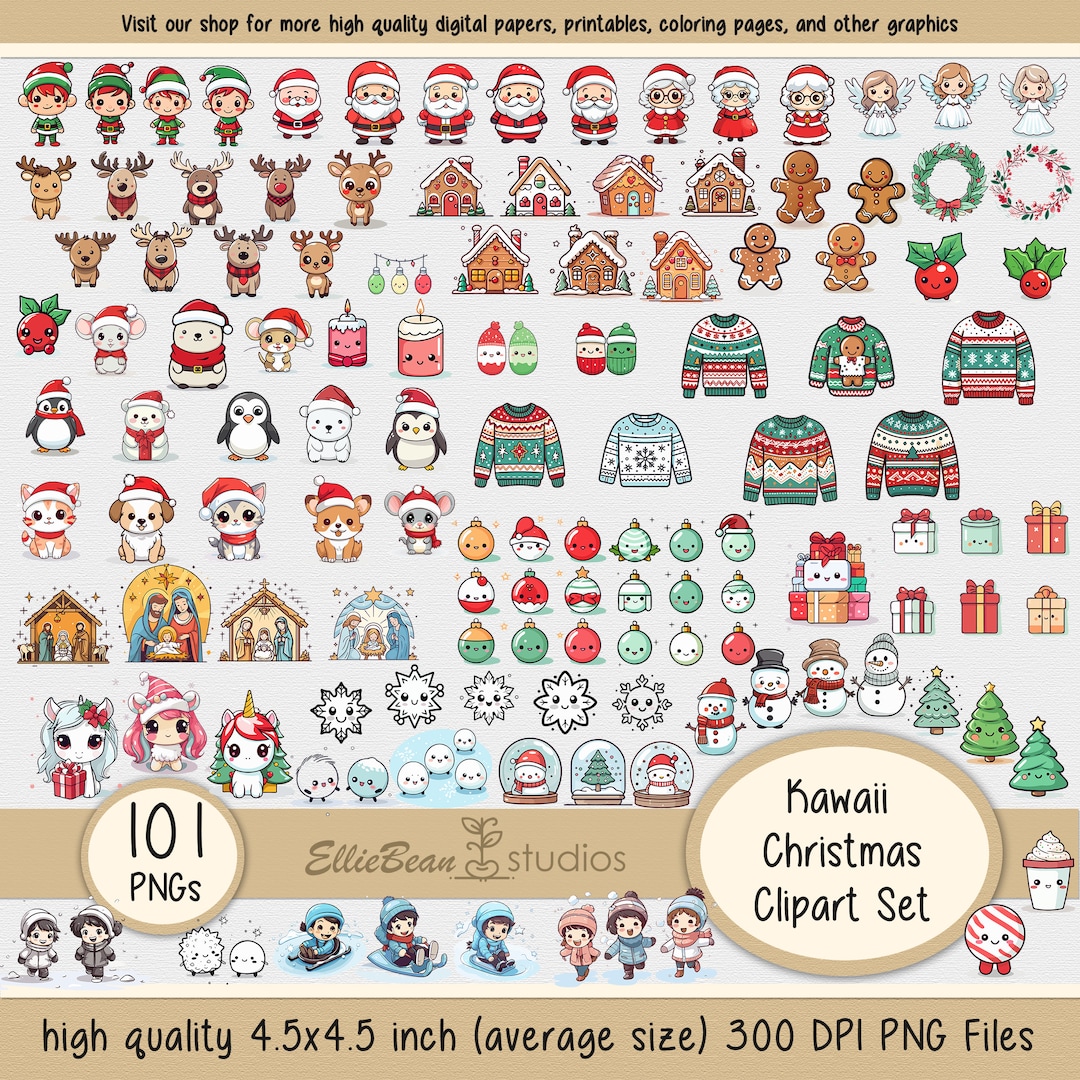 Kawaii Christmas Clip Art PNG 300 DPI - Etsy UK