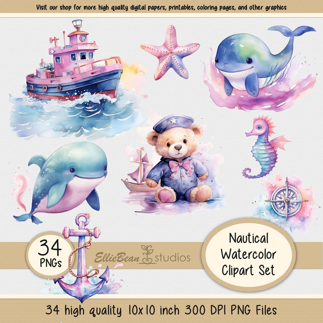 Nautical Watercolor Whales, Teddy Bears, & Boats Clipart - 34 Images ...