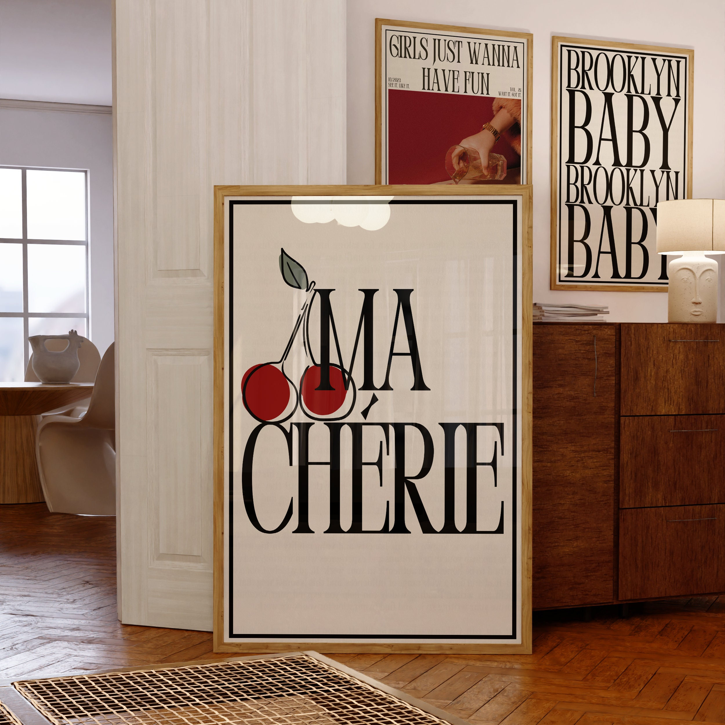 Ma Cherie Print, Cherry Poster Retro Wall Art, Trendy Girly Print ...