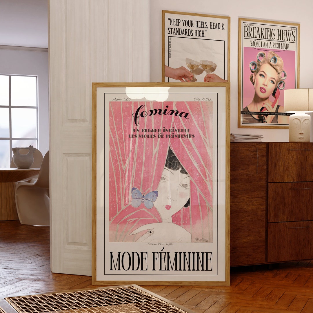 Vintage Pink Fashion Magazine Cover Illustration Poster, Vintage ...