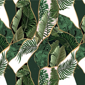 Exotic Green and Gold Mural, Tropical Leaves Wallpaper, Geometric ...