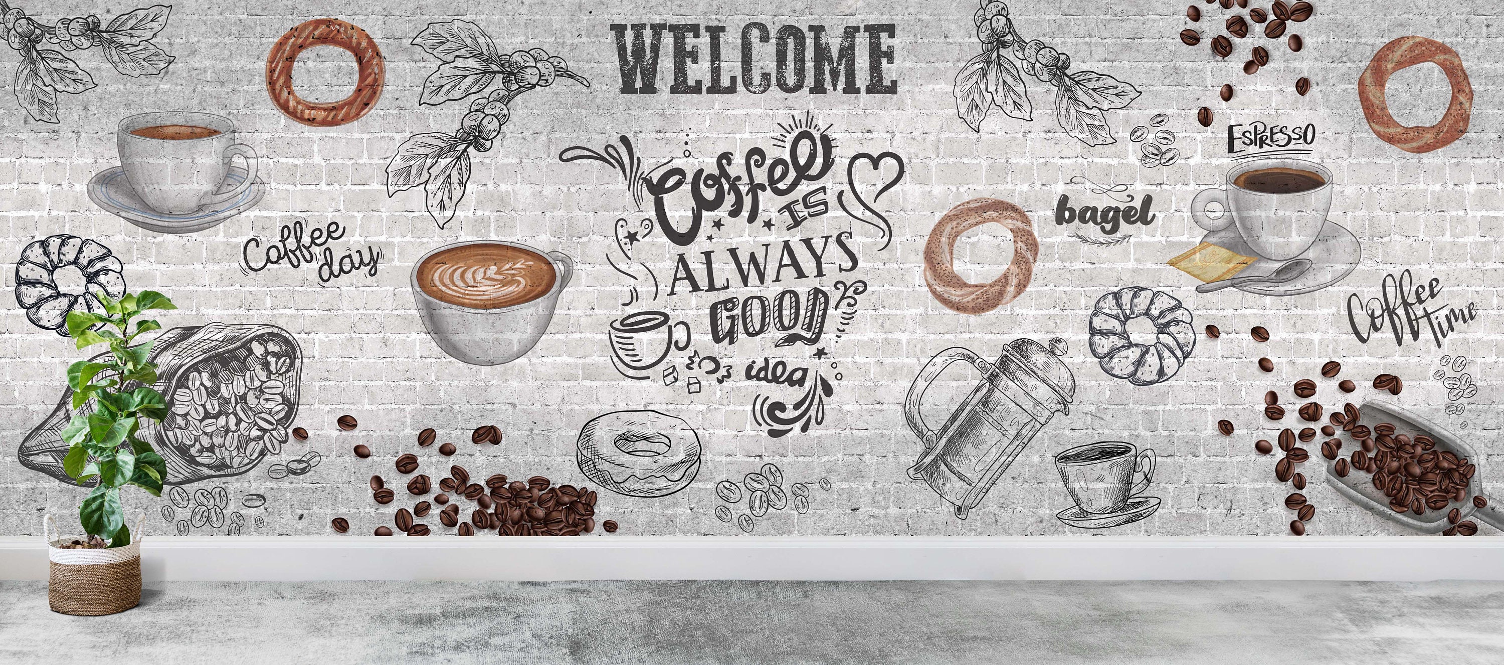 Coffee Art Wallpaper, Cafe Wallpaper, Art Wallpaper, Coffe Shop Wall ...