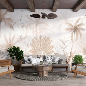 Tropical Wallpaper - Boho Palm Tree Wallpaper, - Soft Color Tropical ...