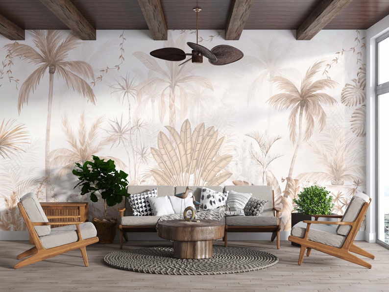 Tropical Wallpaper - Boho Palm Tree Wallpaper, - Soft Color Tropical ...
