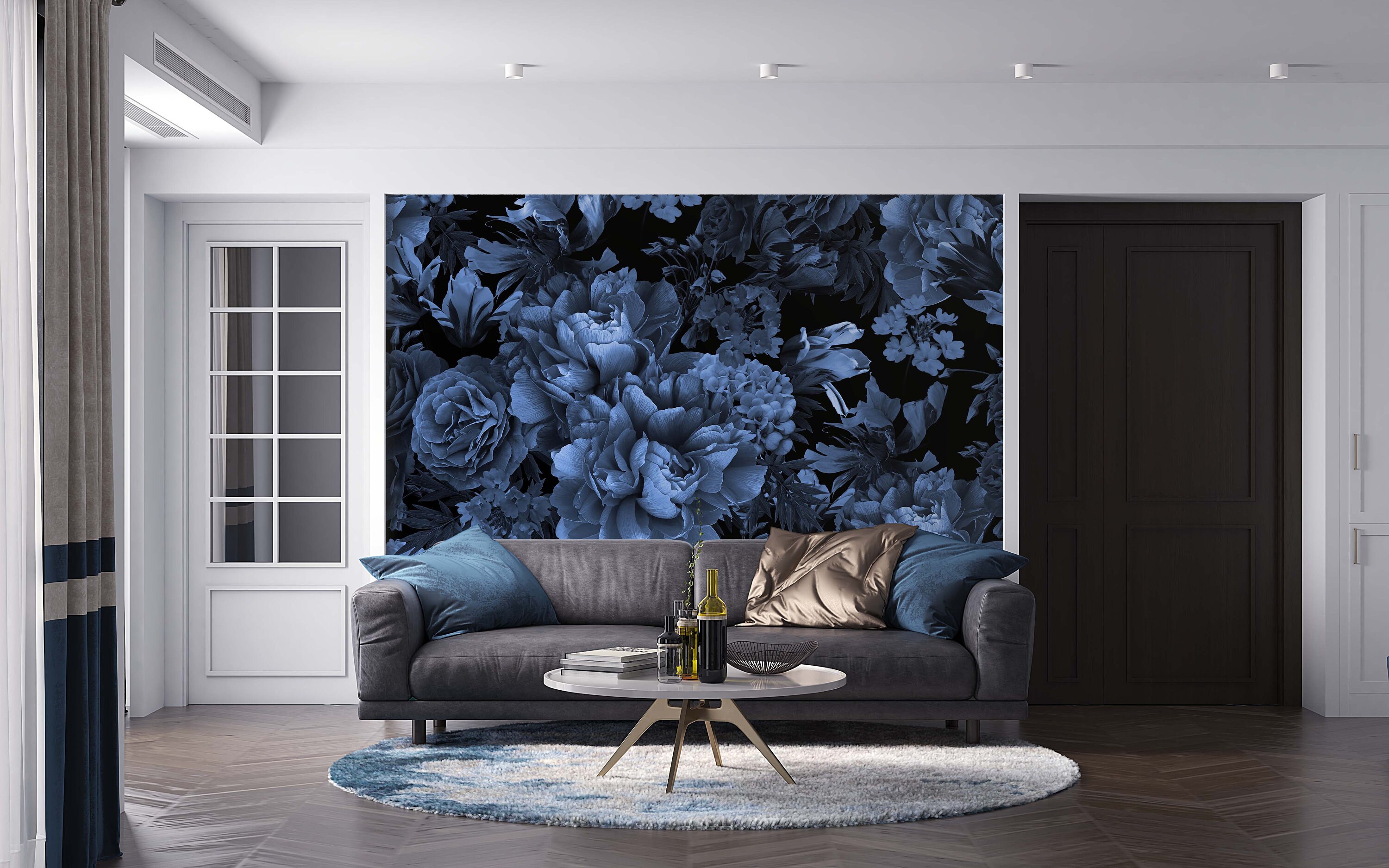 Blue Large Flower Wallpaper, Floral Wall Decoration, Wall Poster ...