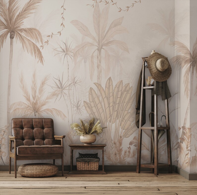 Boho Palm Tree Wallpaper - Soft Color Removable Wall Mural - Etsy