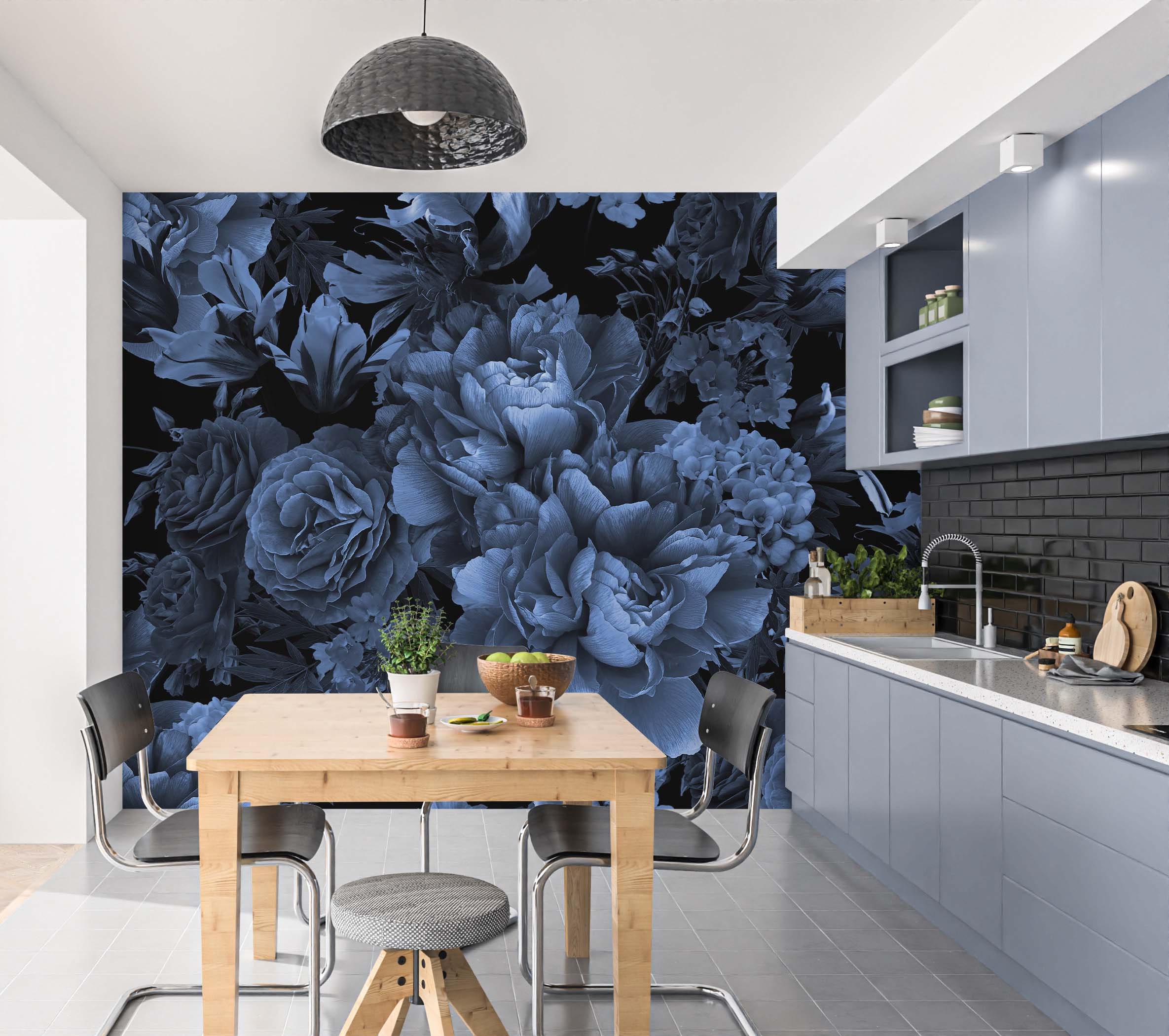 Blue Large Flower Wallpaper, Floral Wall Decoration, Wall Poster ...