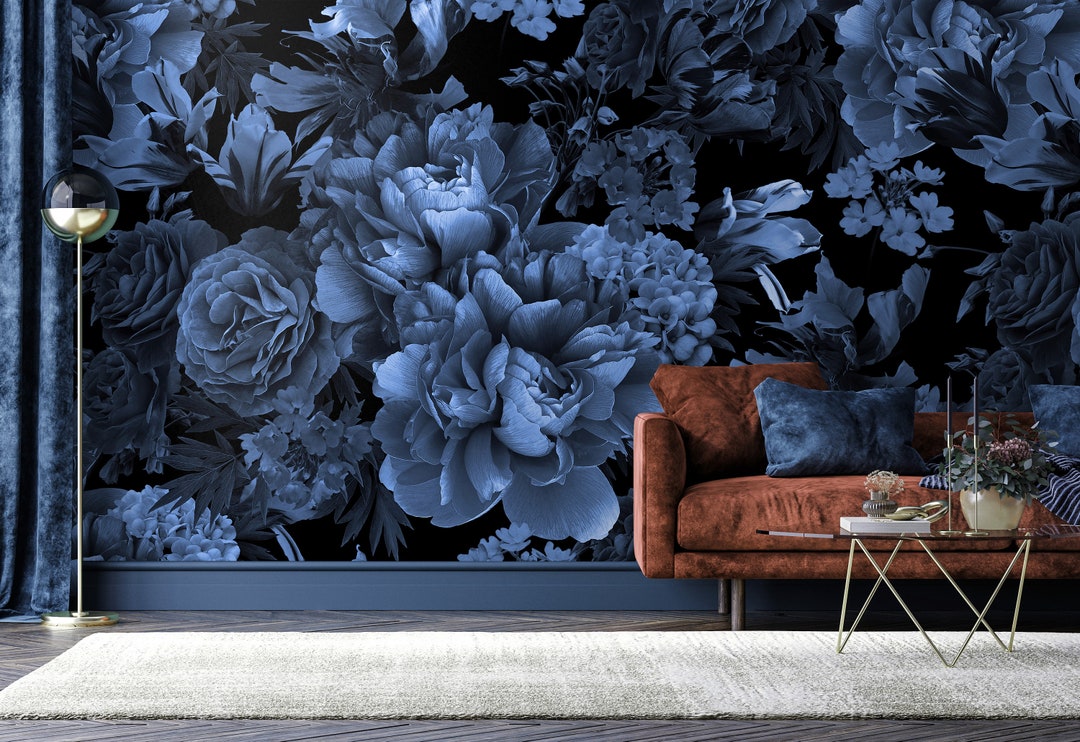 Blue Floral Wallpaper, Vintage Flower Wall Mural, Peel and Stick - Etsy