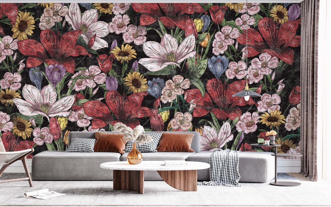 Textured Colorful Flowers Wallpaper, Floral Wall Poster, Watercolor ...