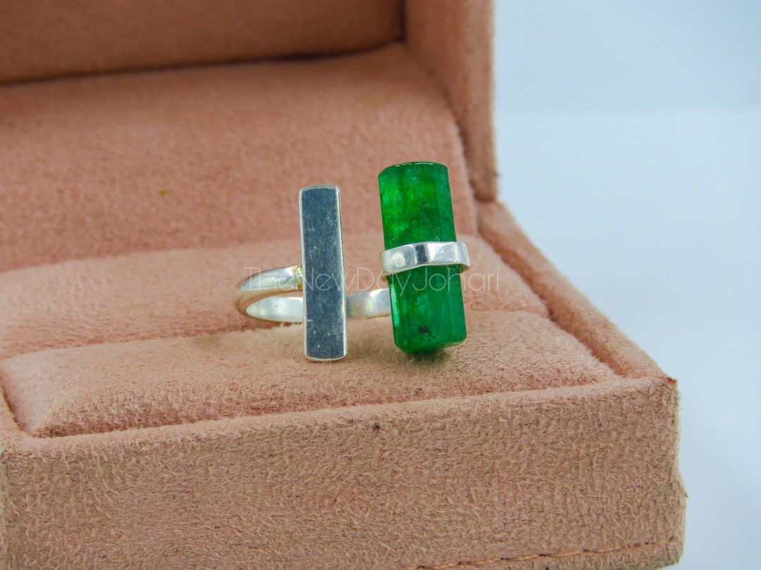 AAA Raw Emerald Crystal Ring , Natural Green Emerald Rough Ring ...