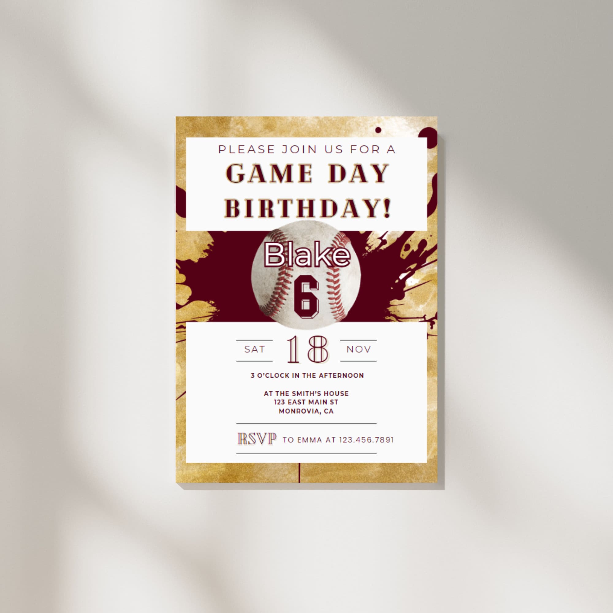Game Day Birthday Party Invitation - Gold and Burgundy Team Baseball ...
