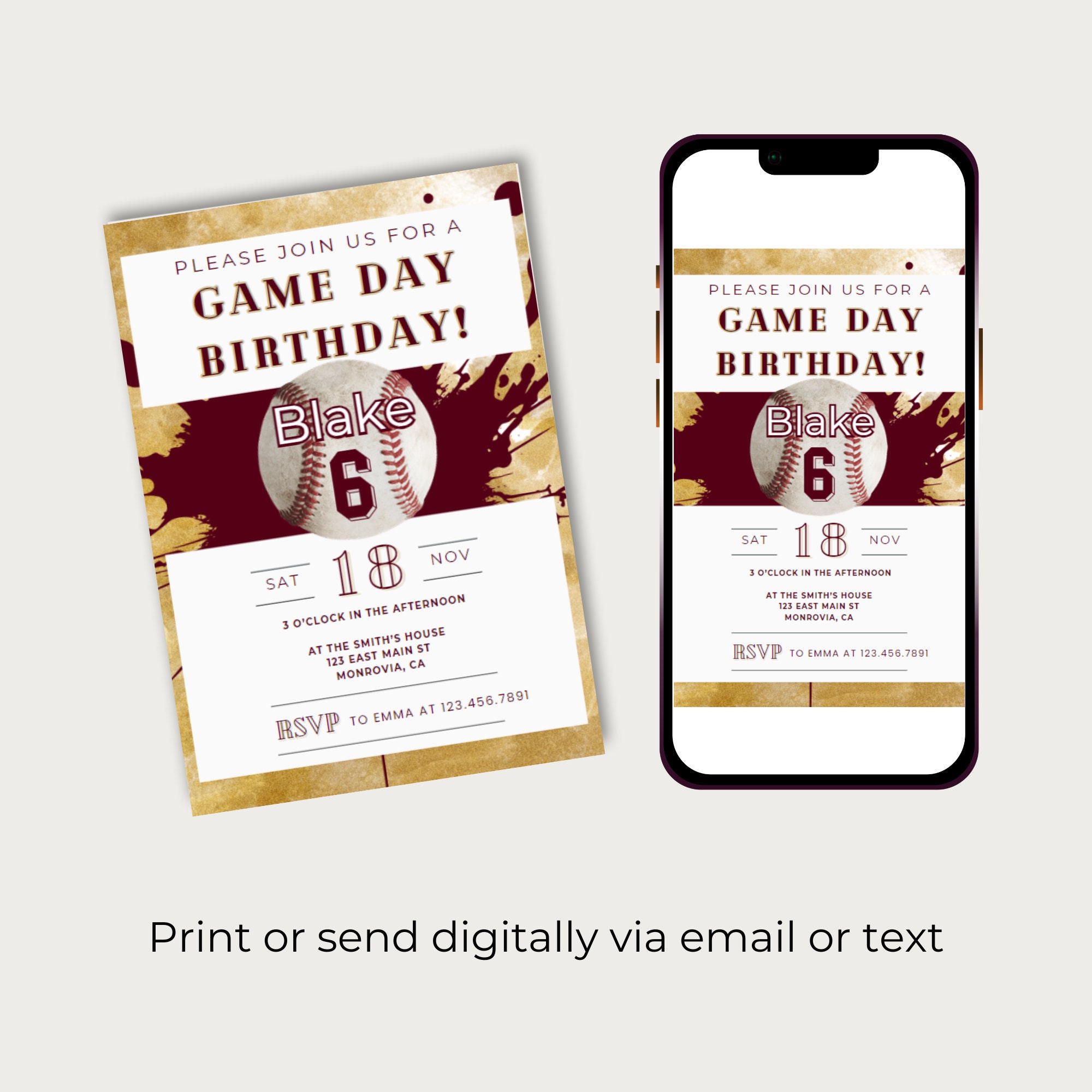 Game Day Birthday Party Invitation - Gold and Burgundy Team Baseball ...