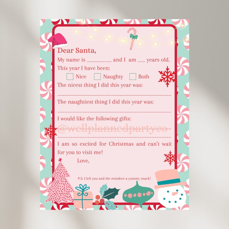 Girly Pink Letter to Santa - Printable - Kids Santa Wishlist - Santa ...