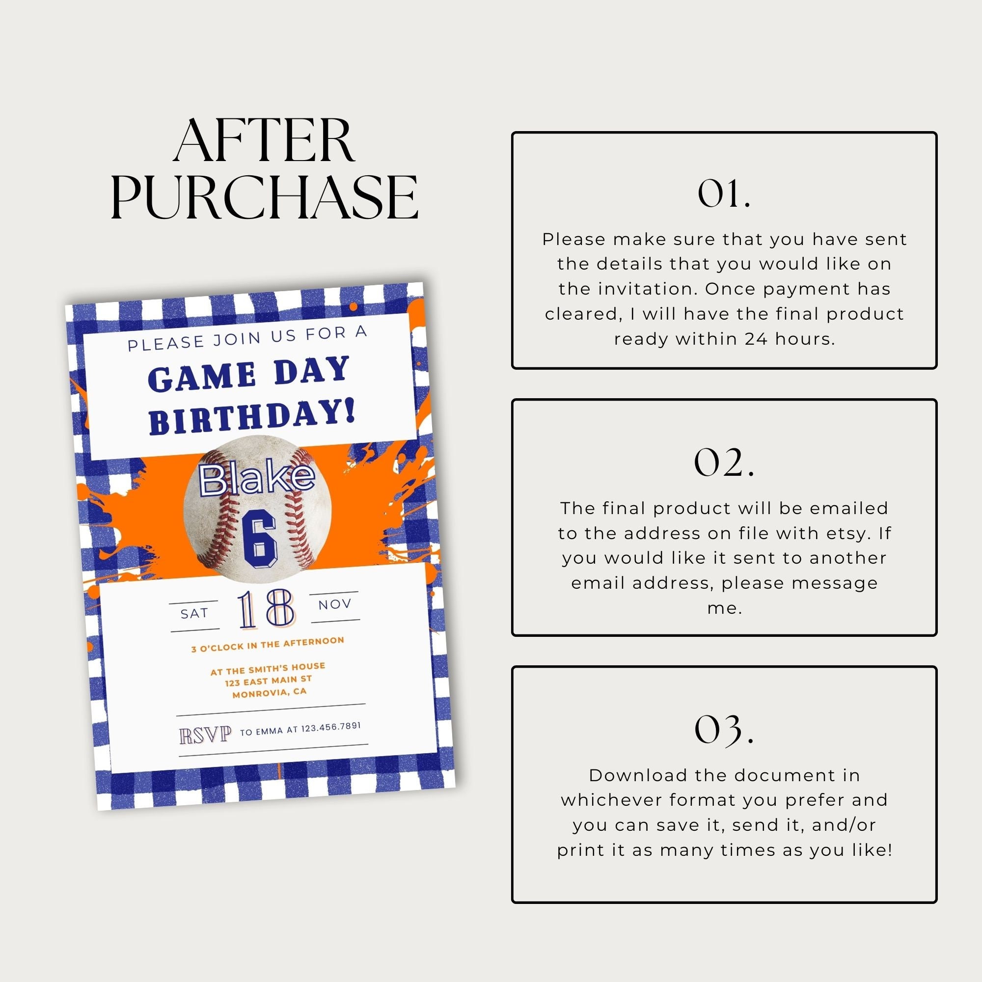 Game Day Birthday Party Invitation - Orange and Blue Team Baseball ...