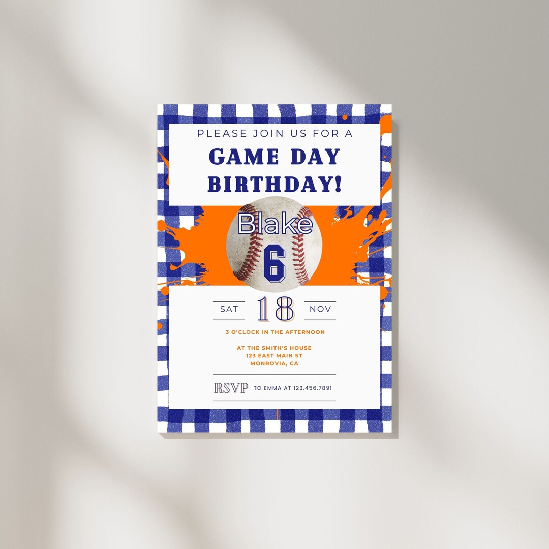 Game Day Birthday Party Invitation - Orange and Blue Team Baseball ...