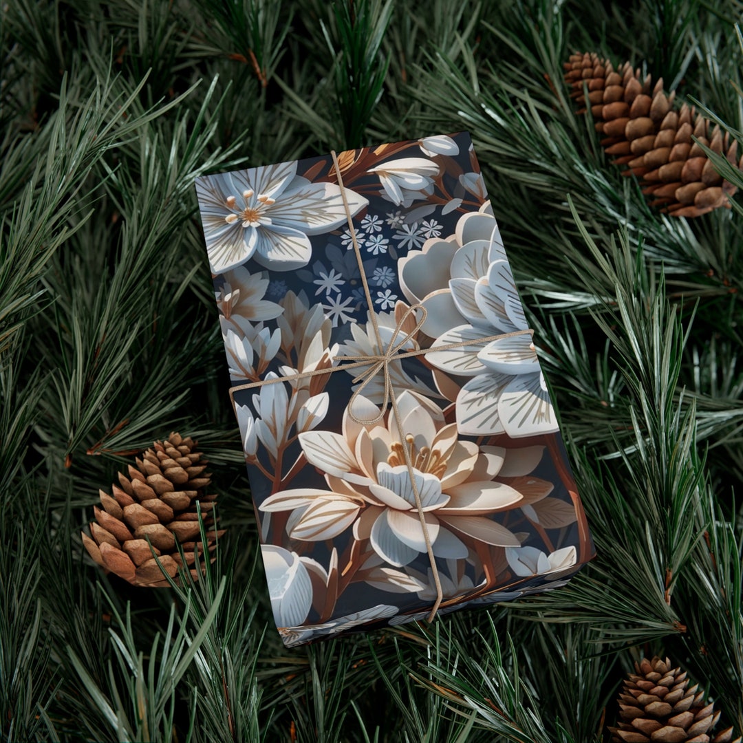 Gift Wrap Paper FLORAL WINTER With White Flowers and Snowflakes - Etsy