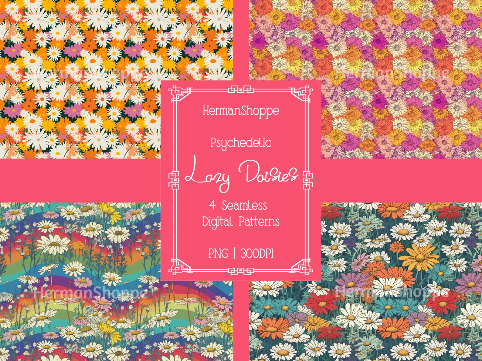 DAISIES 4 Seamless Patterns Psychedelic Hippie Floral Backgrounds ...