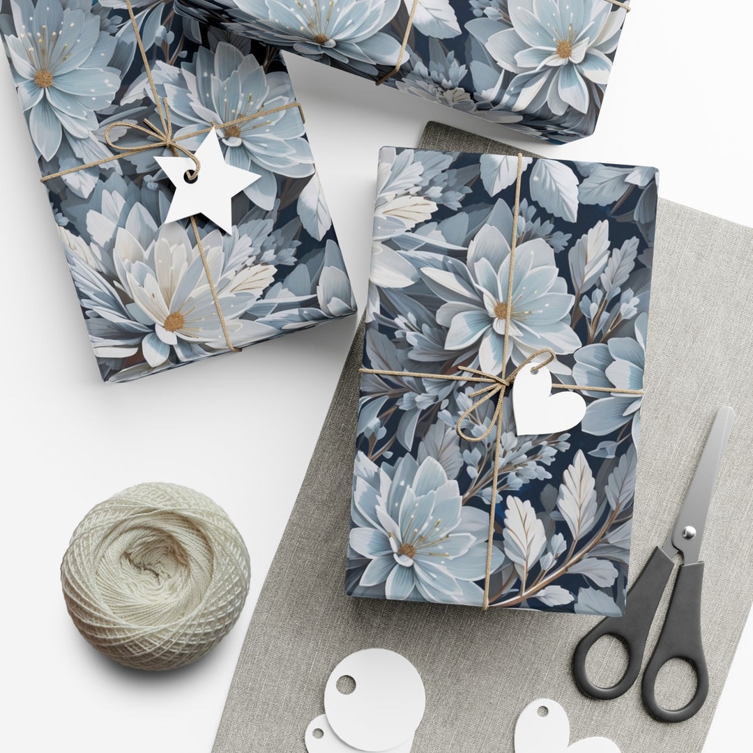 Gift Wrap Paper FLORAL WINTER With White Flowers and Snowflakes - Etsy
